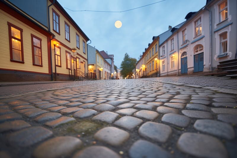Full Moon Casting Light on an Empty Cobblestone Street Stock ...