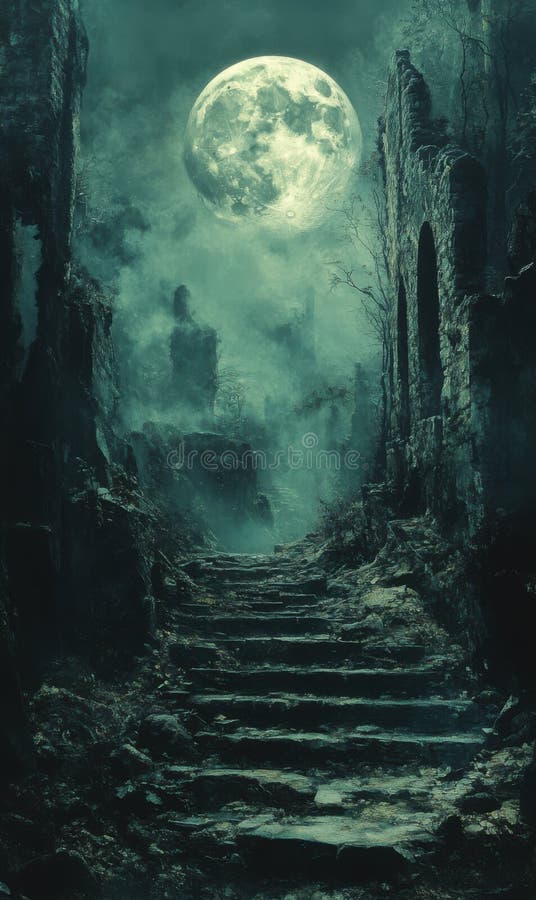 Mystical Ruins Under a Full Moon Illuminating a Haunted Street Stock ...