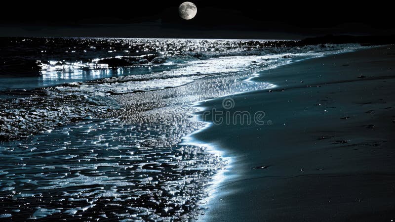 Full Moon Illuminates Ocean Under Night Sky, Reflecting on Water AIG50 ...