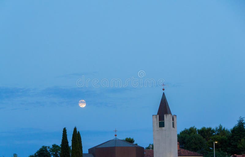 Moon And Church With Lights In The Winter Night. Norilsk Stock Image ...