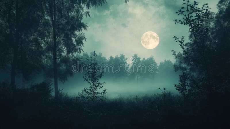 Full Moon through the Clouds Over Foggy River. Stock Image - Image of ...