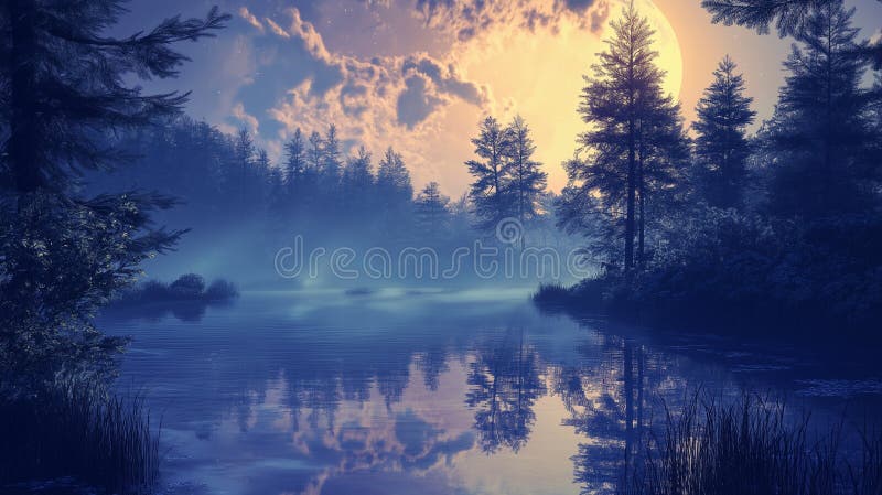 Full Moon through the Clouds Over Foggy River. Stock Image - Image of moon, silhouette: 340467937