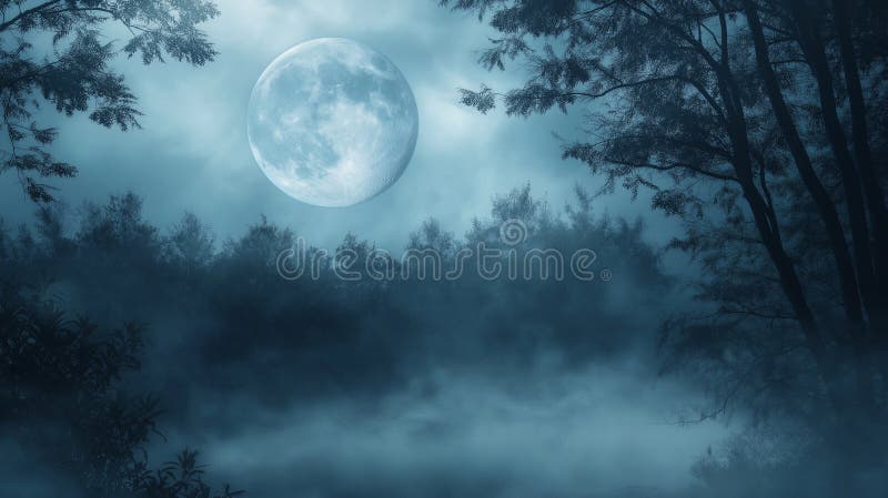 Full Moon through the Clouds Over Foggy River. Stock Image - Image of moon, scary: 340468295