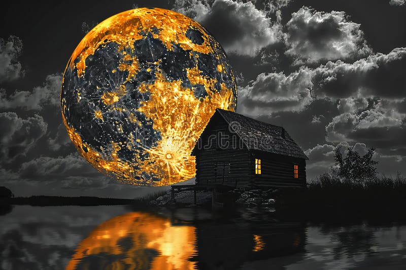 Full Moon with Clouds and Reflection of a Cottage in the Water As a ...