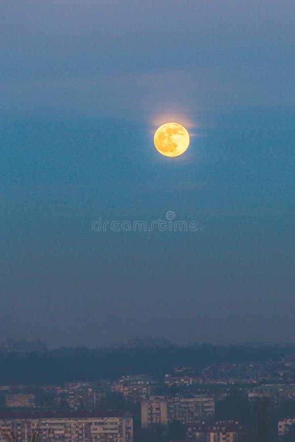 Full Moon at Dusk Above Polluted City of Belgrade Stock Photo - Image ...