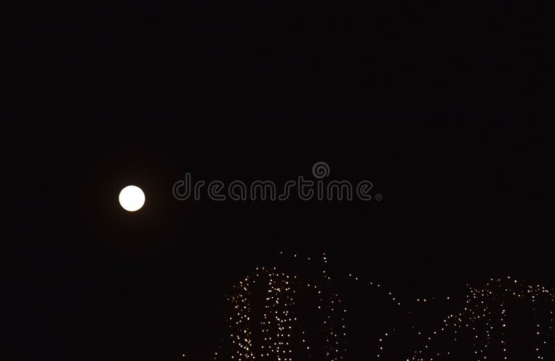 Full Moon Floating on Skyover Light Bulb Decorating on Tree in Night ...