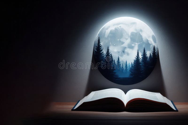 Full Moon with Forest Above Open Book. Space for Text. Stock Image ...