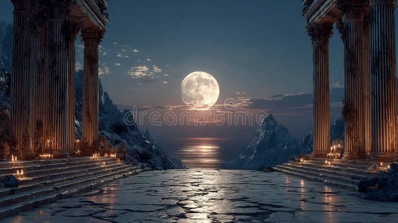 Full Moon Framed by Ancient Ruins Under a Midnight Sky Stock Photo ...