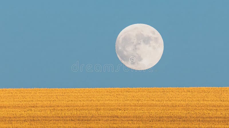 A Full Moon Hangs in the Sky Above a Golden Field Stock Photo - Image ...