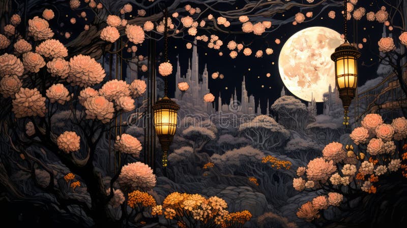 Full Moon and Illuminated Blossoms. Japanese Spring Concept Stock Photo ...