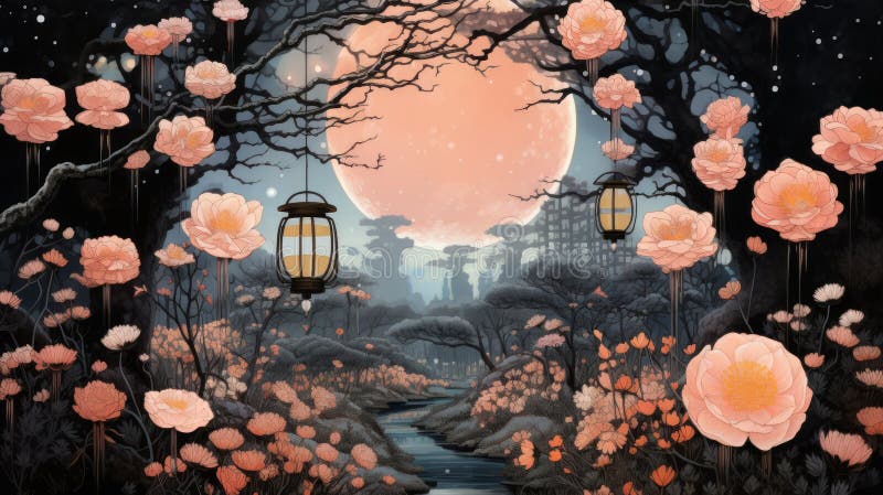 Full Moon and Illuminated Blossoms. Japanese Spring Concept Stock Image ...