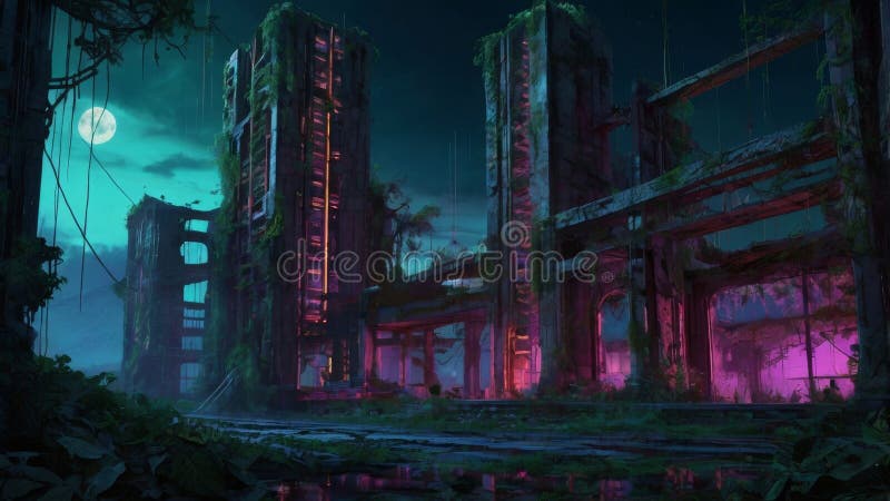 A Full Moon Illuminates a Crumbling Overgrown Structure Stock ...