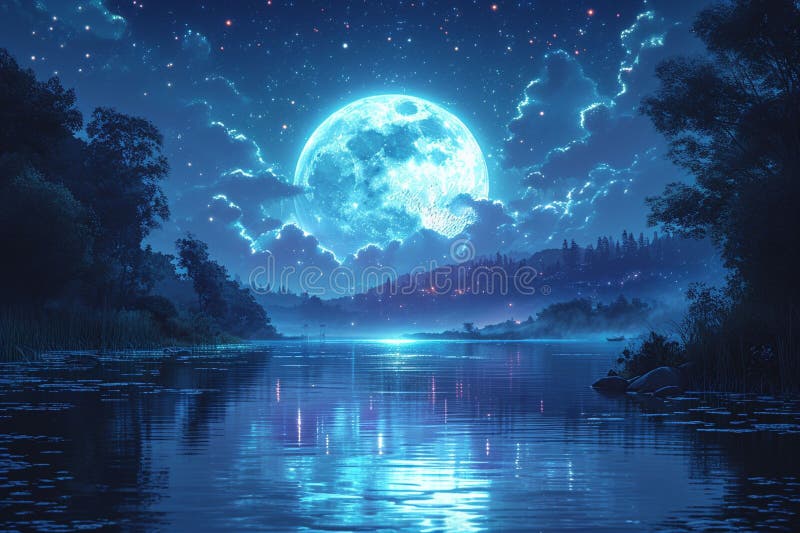 Full Moon Reflecting on Lake at Night Stock Illustration - Illustration ...