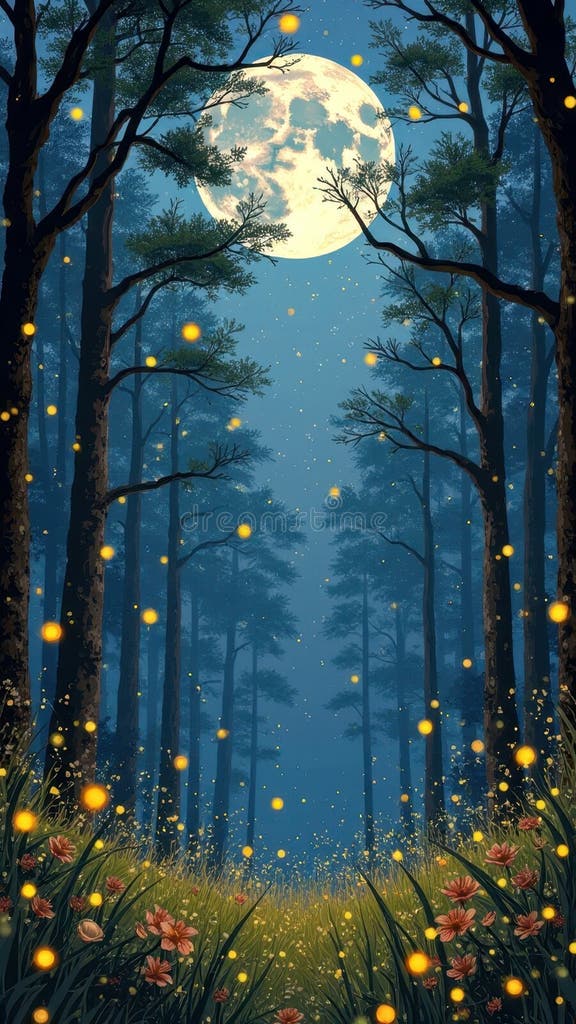 Full Moon Illuminates Forest with Fireflies and Wildflowers at Night ...