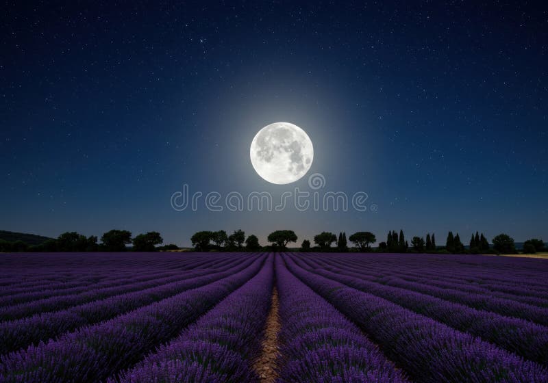Nighttime Lavender Field Under Full Moon Stock Photos - Free & Royalty ...