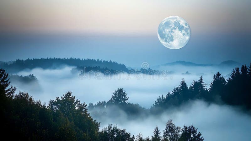 A Full Moon Illuminates Misty Forests Creating a Serene Nightscape with ...