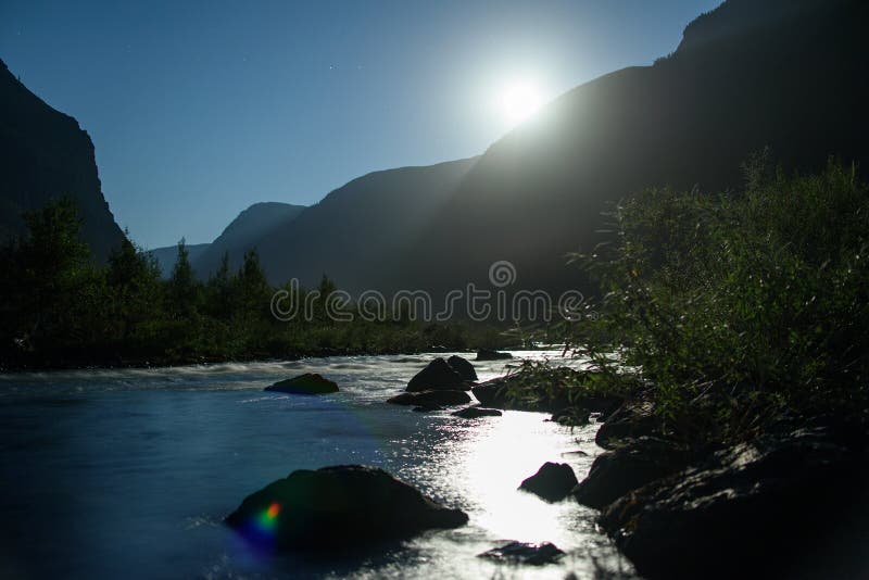 The Full Moon Illuminates the Mountain River. Stock Image - Image of ...