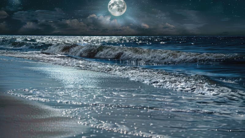 Full Moon Illuminates Ocean Under Night Sky, Reflecting on Water AIG50 ...