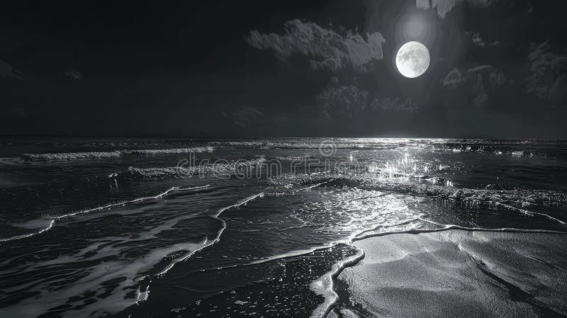 Full Moon Illuminates Ocean Under Night Sky, Reflecting on Water AIG50 ...