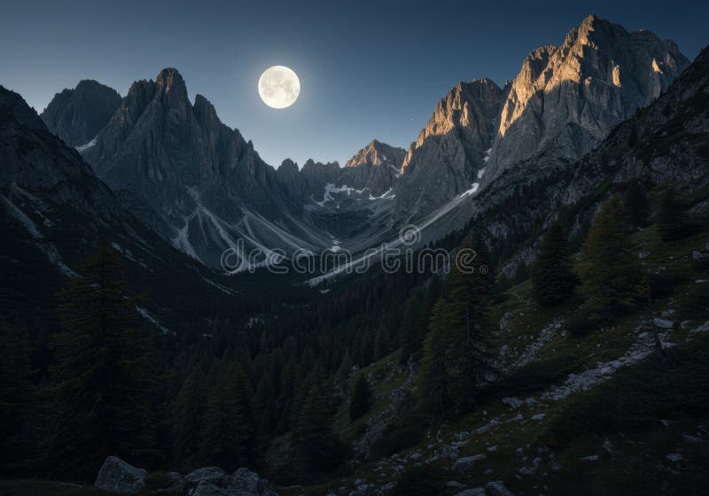Full Moon Illuminates the Rugged Peaks of the Dolomites Mountain Range ...
