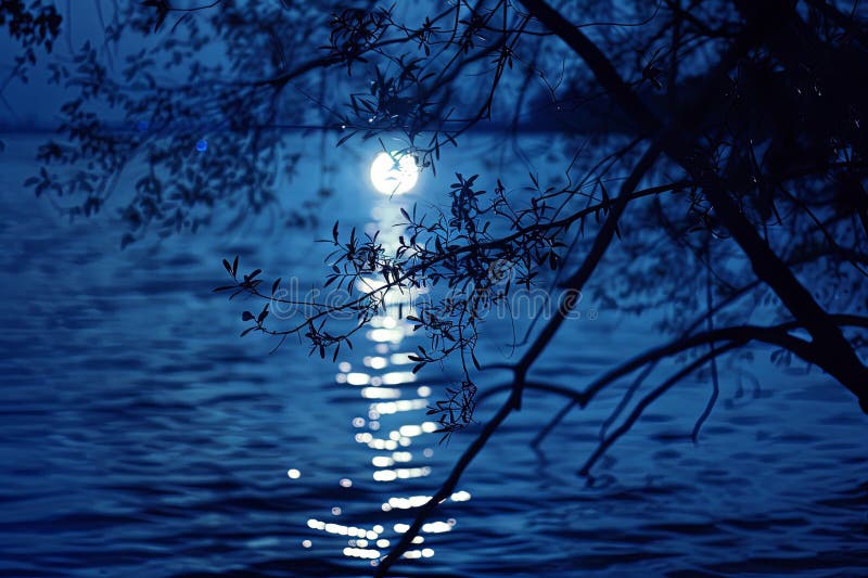 Full Moon Shining through Tree Branches Over Water Stock Illustration ...