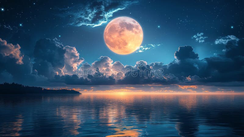 Nighttime Reflection of a Full Moon Over a Calm Lake with City Lights ...