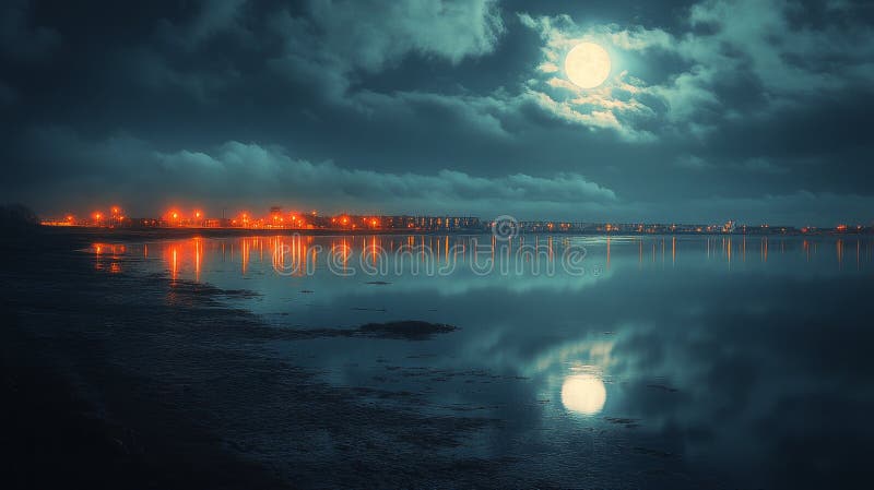 Nighttime Reflection of a Full Moon Over a Calm Lake with City Lights ...