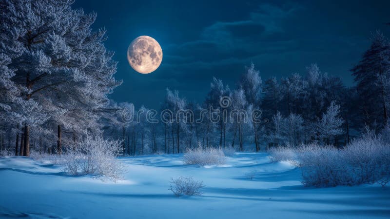 Full Moon Illuminates a Snowy Forest at Night Stock Illustration ...