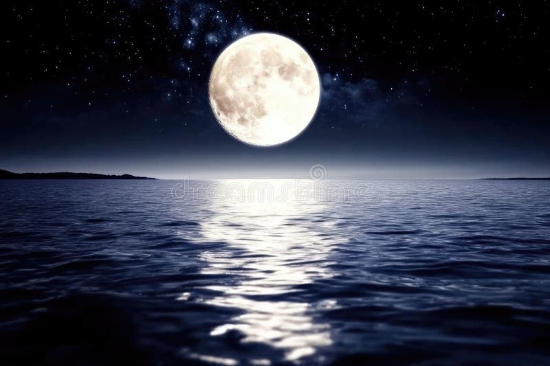 Full Moon Illuminating Calm Ocean Under Starry Night Sky Stock Photo ...