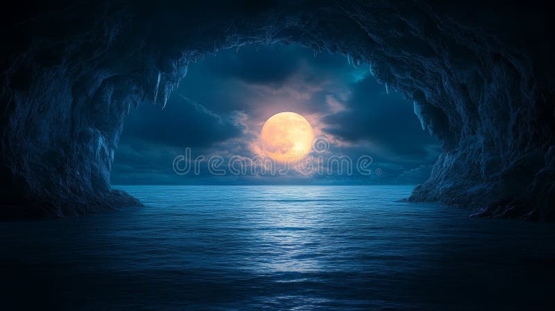 Full Moon Illuminating Ocean Cave Entrance Stock Illustration ...