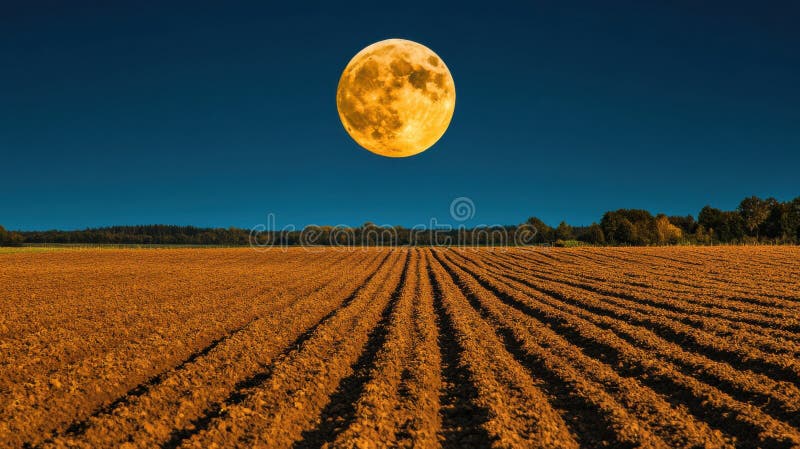 Full Moon Illuminating Ripened Fields, on White Background, Symbolizing ...