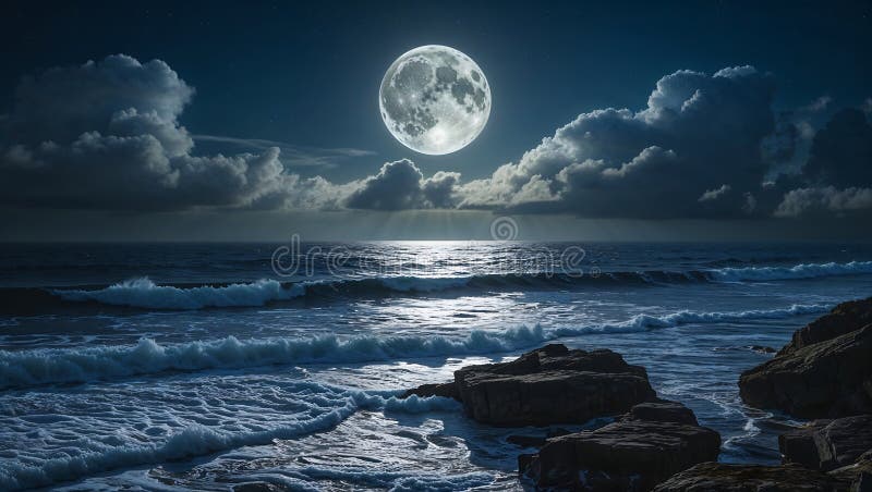 Full Moon Illuminating Seascape in Vertical Composition Stock ...
