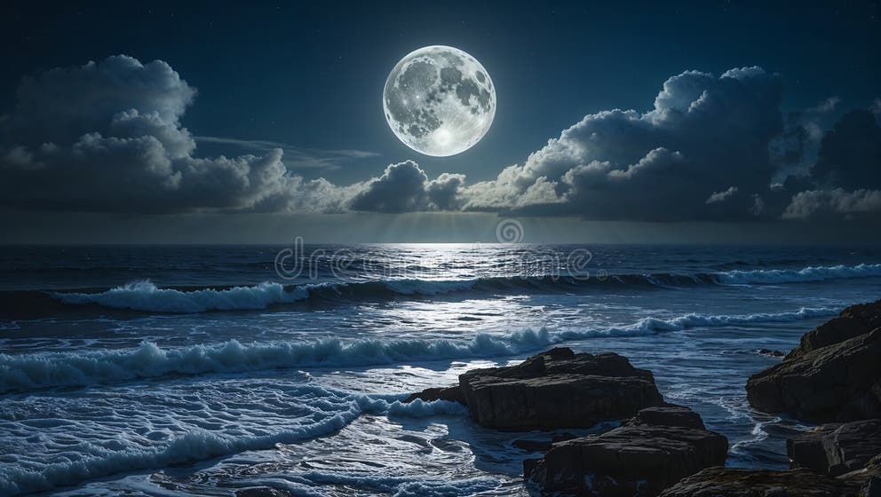 Full Moon Illuminating Seascape in Vertical Composition Stock ...