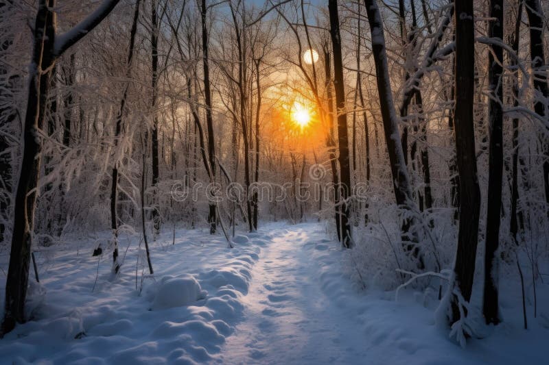 Full Moon Illuminating a Snow-covered Forest Path Stock Illustration ...