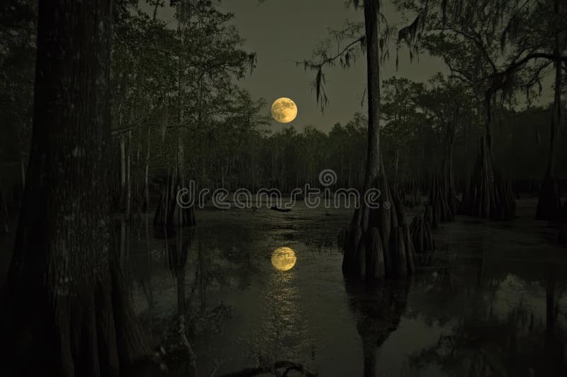 Full Moon Illuminating a Swamp at Night. Stock Image - Image of ...