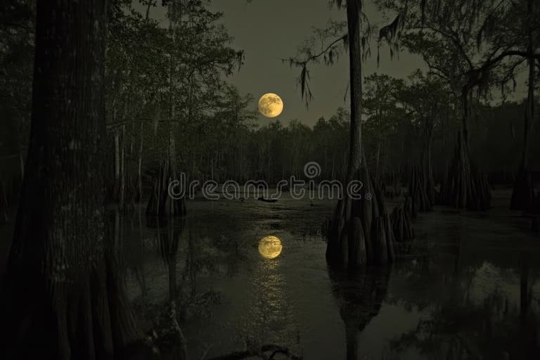 Full Moon Illuminating a Swamp at Night. Stock Image - Image of ...