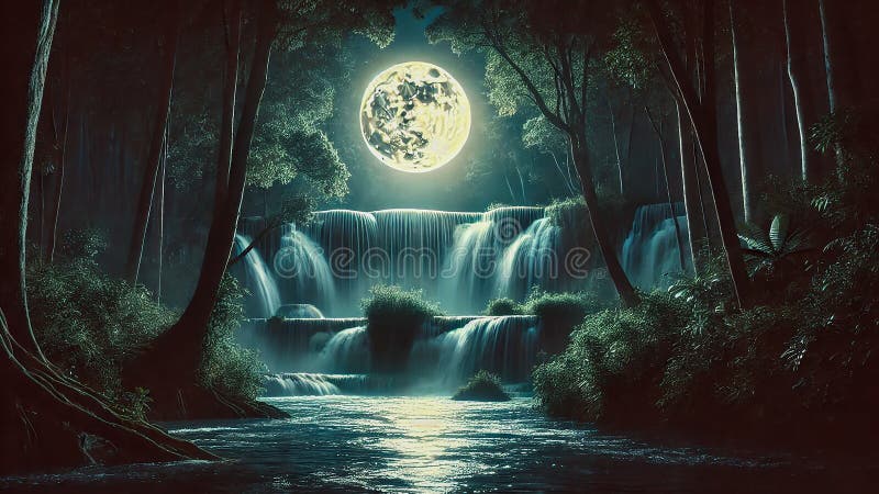 Full Moon Illuminating a Waterfall in a Dense Forest Stock Illustration ...