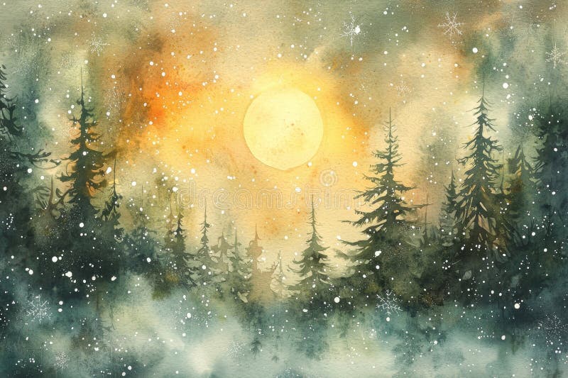 A Full Moon Illuminating a Winter Spruce Forest, Rendered in Watercolor ...