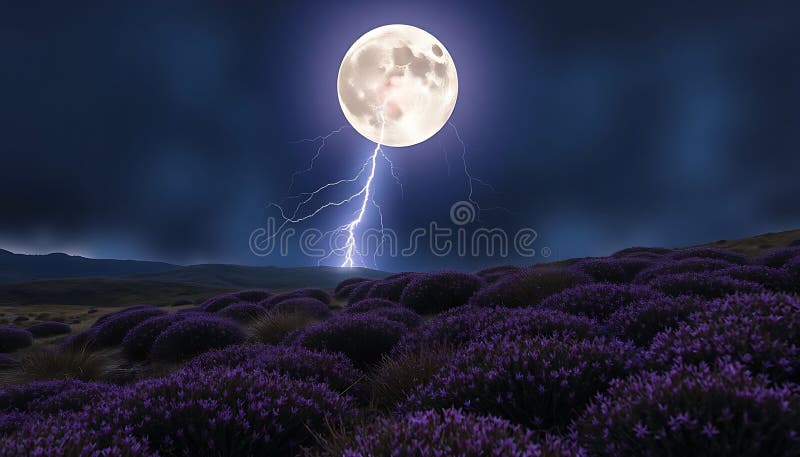 Full Moon and Lightning Over a Lavender Field, Dramatic Night ...