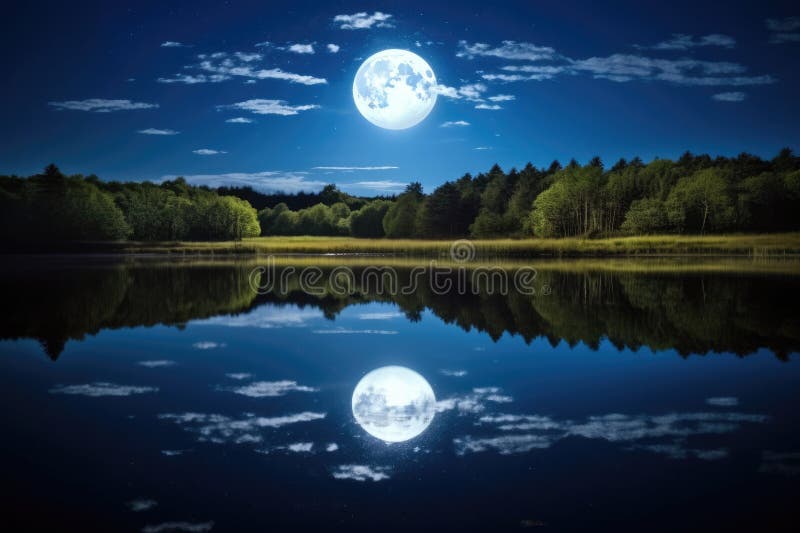 Full Moon Mirrored on a Tranquil Lake Surface Stock Image - Image of ...
