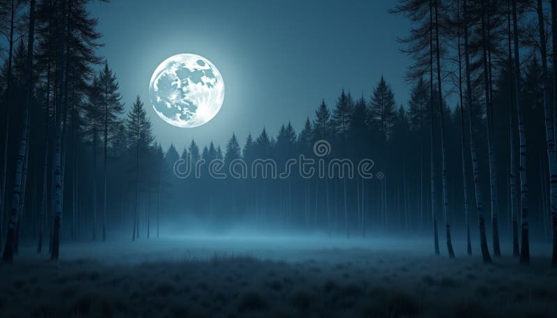 Full Moon in Misty Forest with Tall Trees Stock Image - Image of night ...