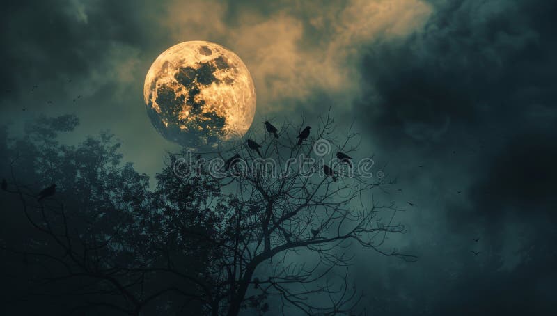 Full Moon Night with Crows Perched on a Bare Tree Stock Photo - Image ...