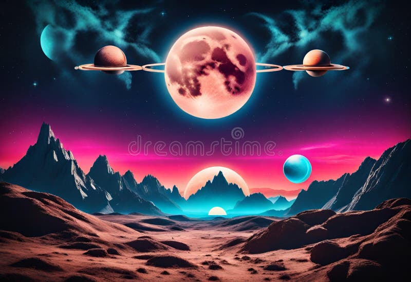 Galaxy Full Moon Night Landscape Background. AI Art Stock Illustration ...
