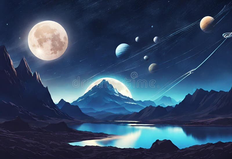 Galaxy Full Moon Night Landscape Background. AI Art Stock Illustration ...