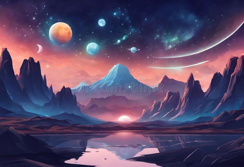 Galaxy Full Moon Night Landscape Background. AI Art Stock Illustration ...