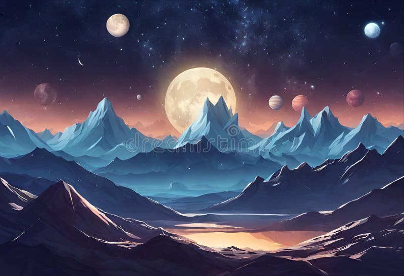 Galaxy Full Moon Night Landscape Background. AI Art Stock Illustration ...