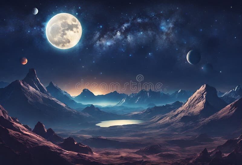 Galaxy Full Moon Night Landscape Background. AI Art Stock Illustration ...