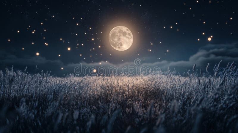 Full Moon Night Landscape: Serene Field Under Starlit Sky Stock ...