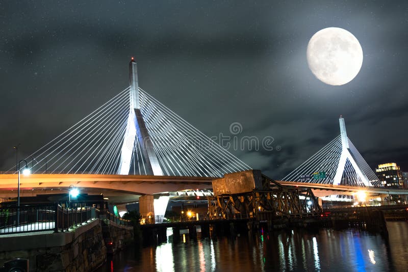 Full Moon Night Long Exposure of Bunker Hill Bridge in Cambridge Stock ...