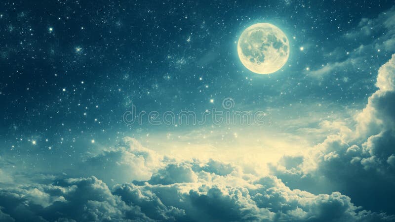 Full Moon Night Sky with Bright Stars and Clouds Stock Illustration ...